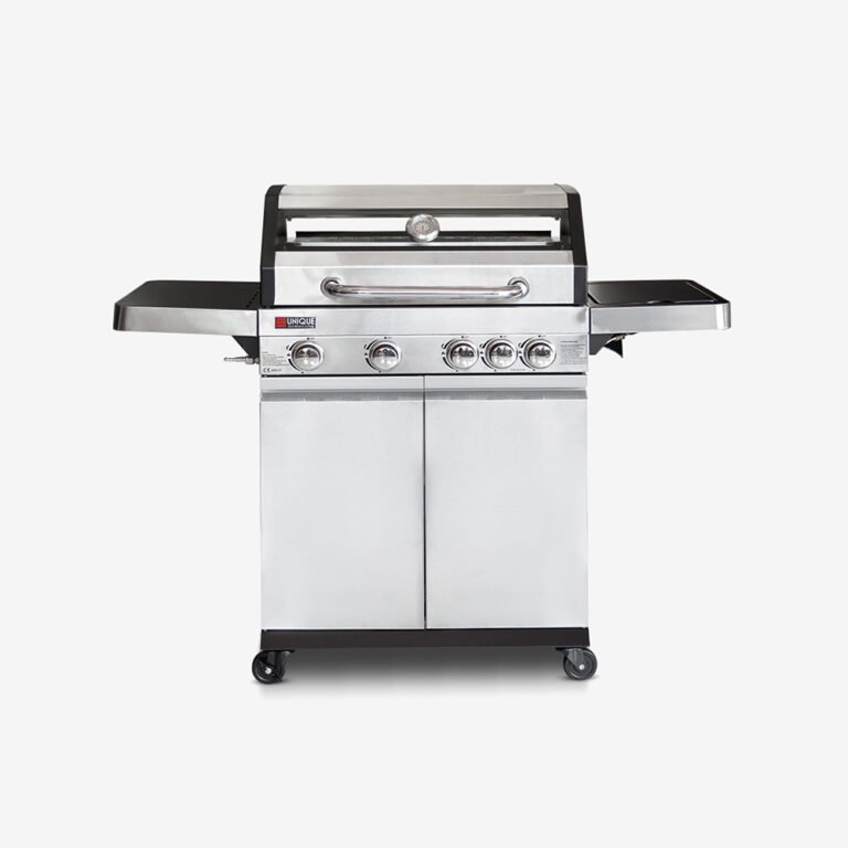 4 BURNERS GAS BBQ with Side Burners and Flat Plate Silver Stainless ...